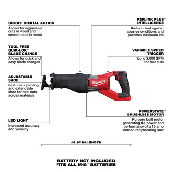 Milwaukee M18 FUEL SUPER SAWZALL Reciprocal Saw 2722 20 1.25 in Stroke Length 3000 SPM RSHughes