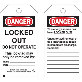 Brady 66066 Lockout / Tagout Tag, 3 in x 5 3/4 in, Polyester, Black ...
