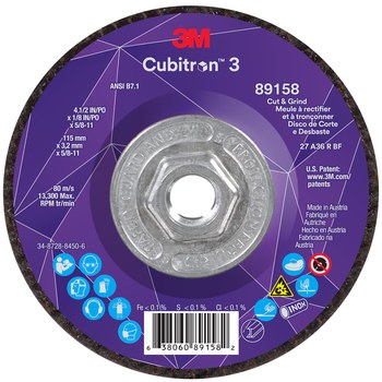 3M Cubitron 3 Cut and Grind Wheel 89158, Type 27 (Depressed Center), 4 1/2 in, Precision Shaped ...